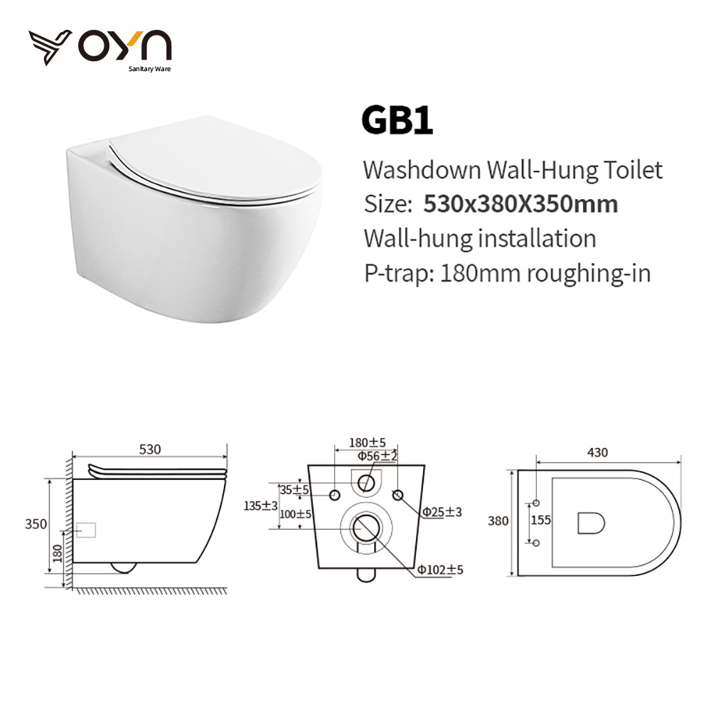 GB1 Wall-hung Toilet | Rimless | Tornado | Washdown | P-trap 180mm